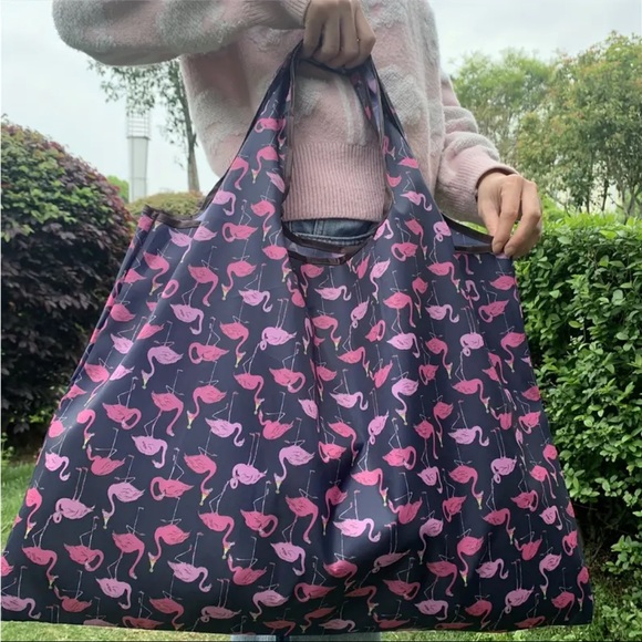 Bags | Tropical Pink Flamingo Lightweight Shopping Tote Bag Black ...